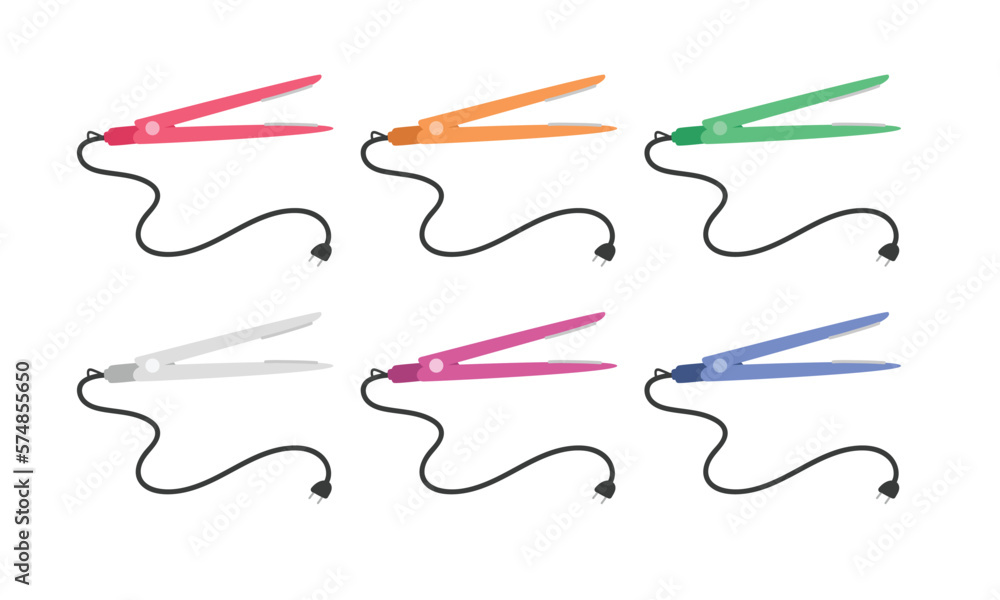 Set of multicolored curling iron in flat style vector illustration. Simple electric curling iron ...