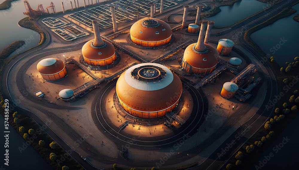 Aerial top view of factory station, oil fuel storage tank, petroleum ...