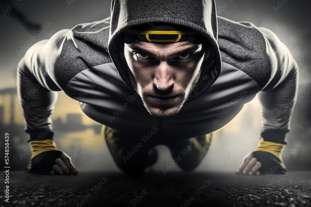 Generative Illustration AI of handsome Determined man doing pushups in ...