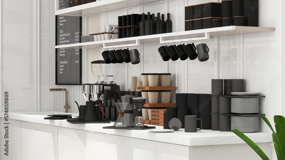 Modern, luxury design cafe counter, white marble top with sink, grinder ...