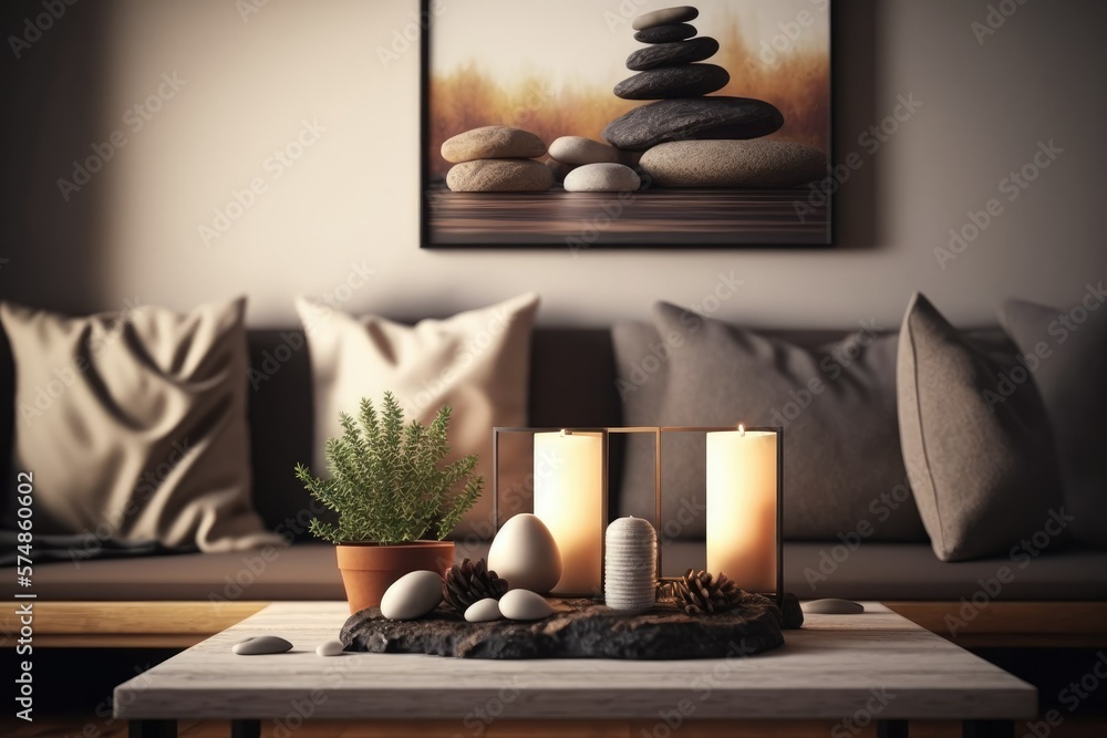 Zen-inspired wooden old table top or shelf with candles and pebbles ...