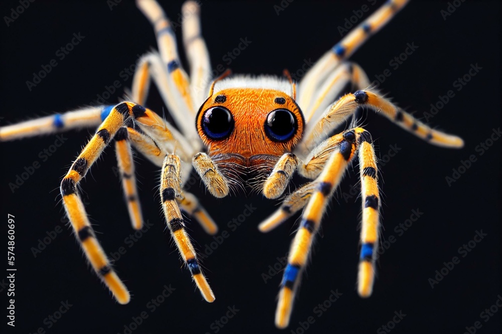 a close up of a spider with a red eye and yellow tail and legs, with a ...