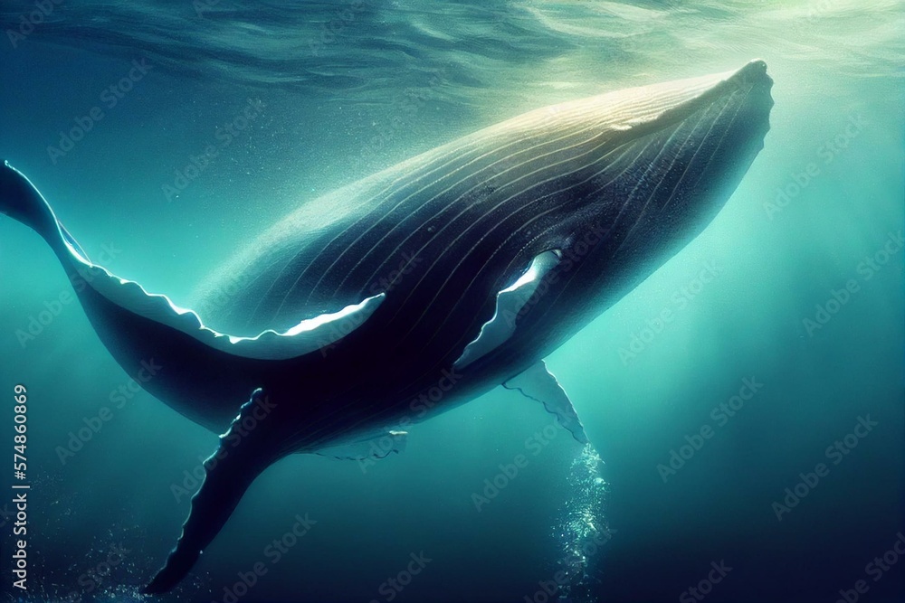 a whale swimming in the ocean with a lot of fish around it's neck and ...