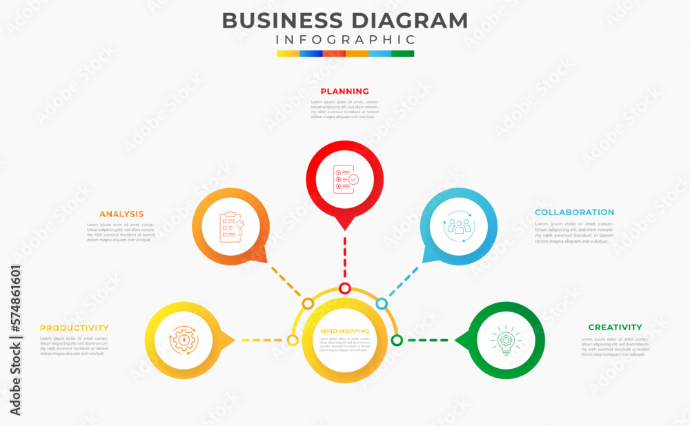 5 Steps Modern Mindmap Diagram with topic and icon symbols ...