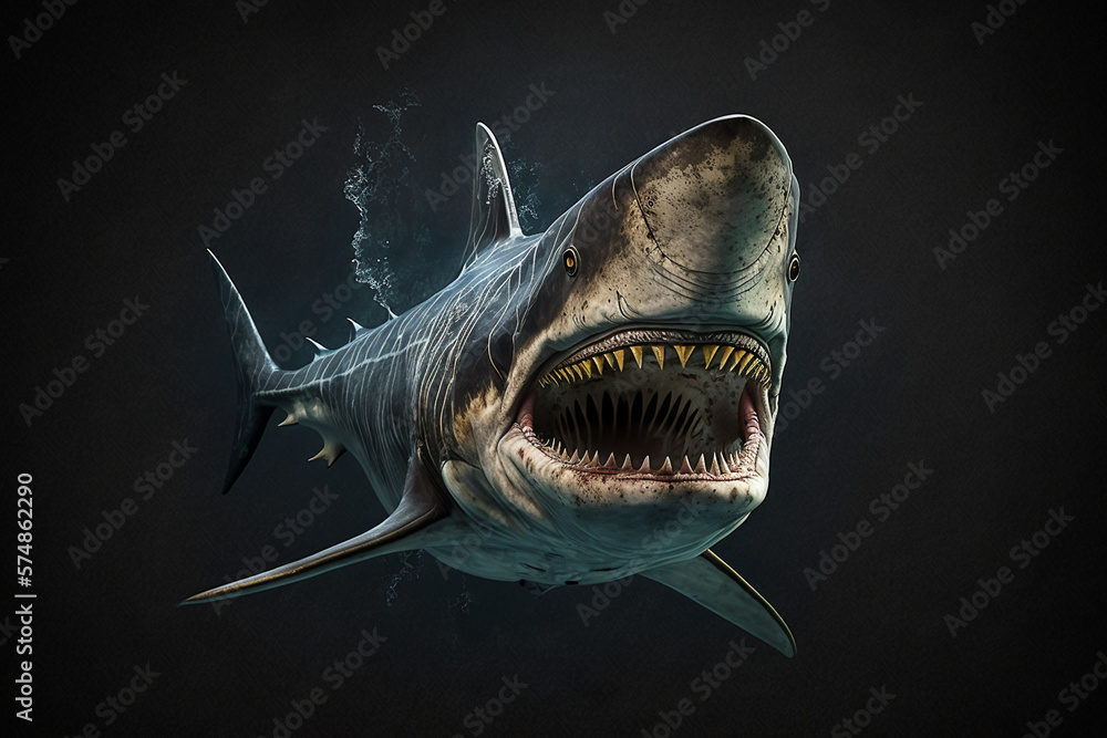 Dark, dramatic scene of a grey shark with water bubbles and gnarly ...