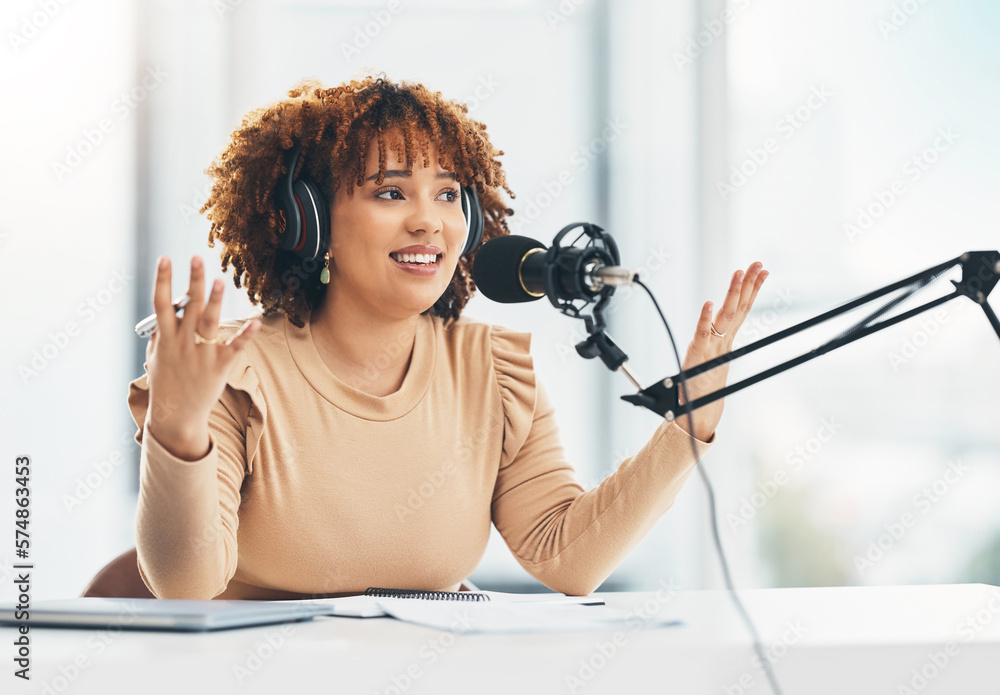 Radio show, podcast and black woman with microphone, talking and live ...