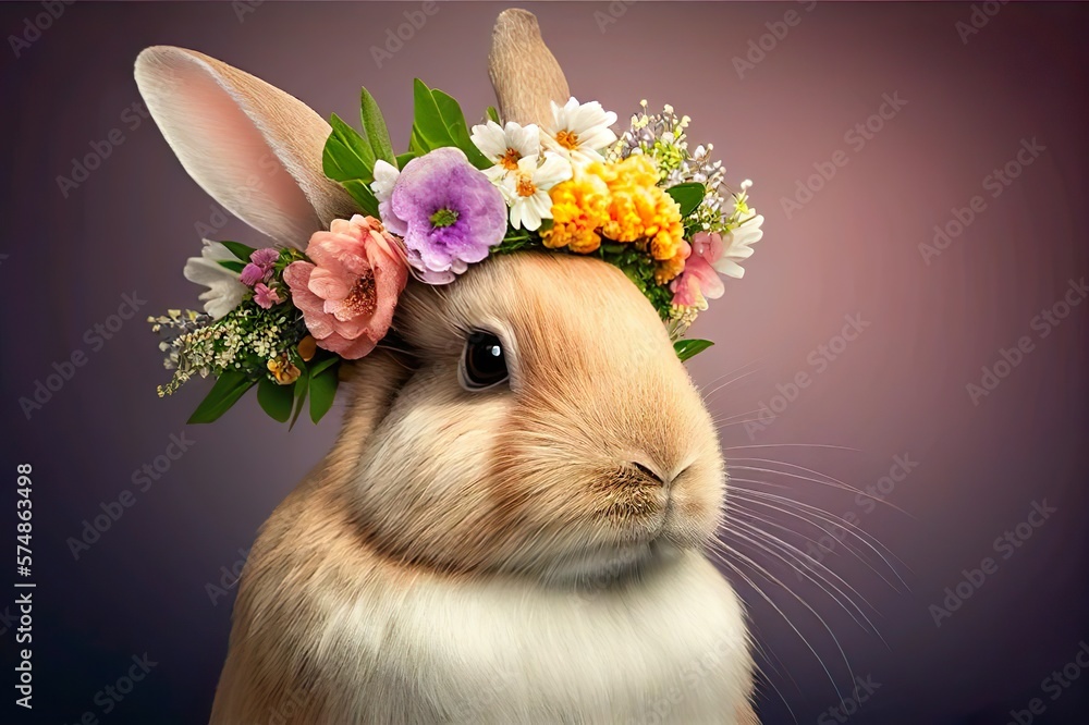 Ein Hase / Osterhase mit mit einem schönen Blumenkranz auf dem Kopf ...