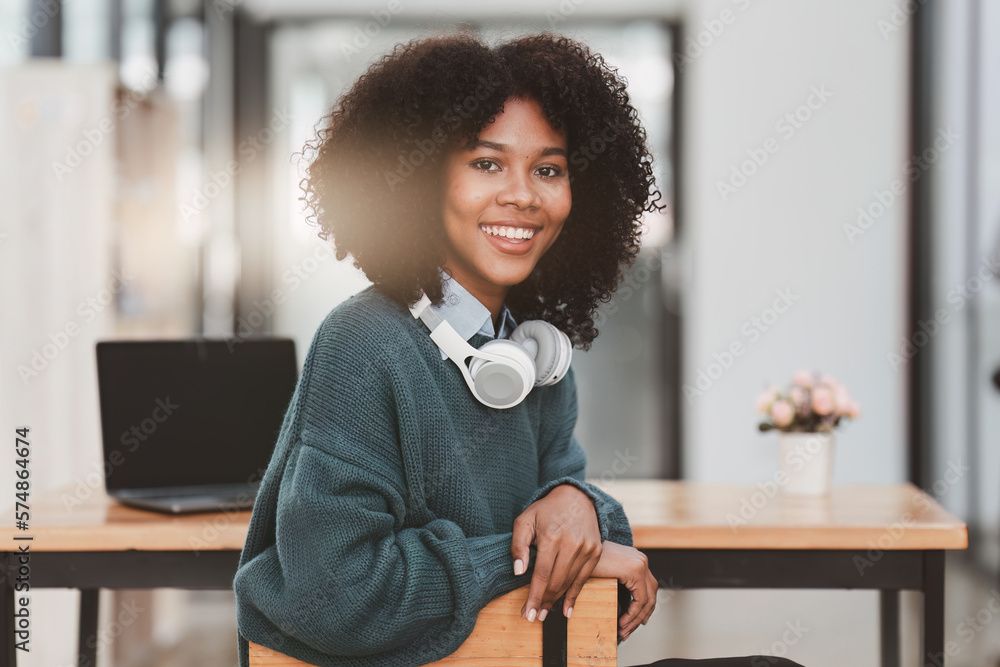 Young black African woman university student learning online using ...