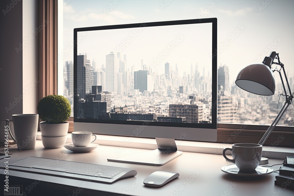 Close-up of empty computer screen on wooden office desk with lamp ...