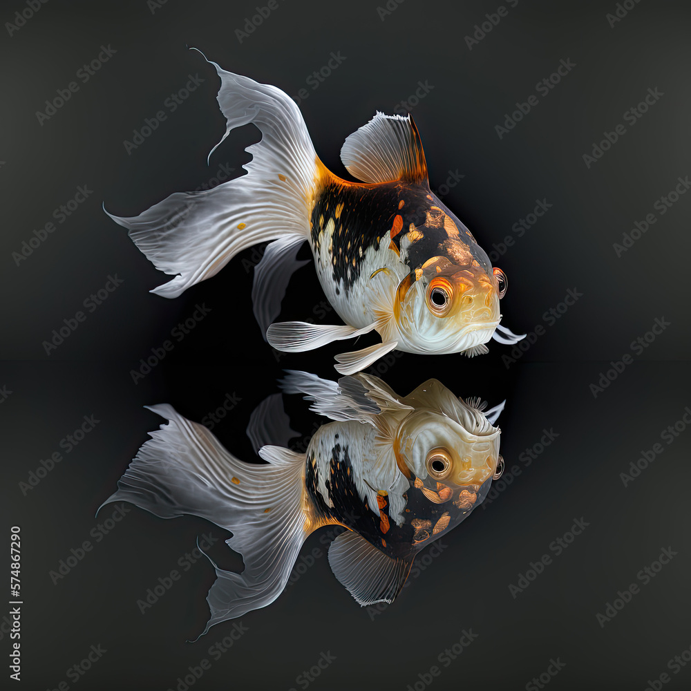 Calico Goldfish Floating Above a Reflective Surface, Aquarium Fish ...