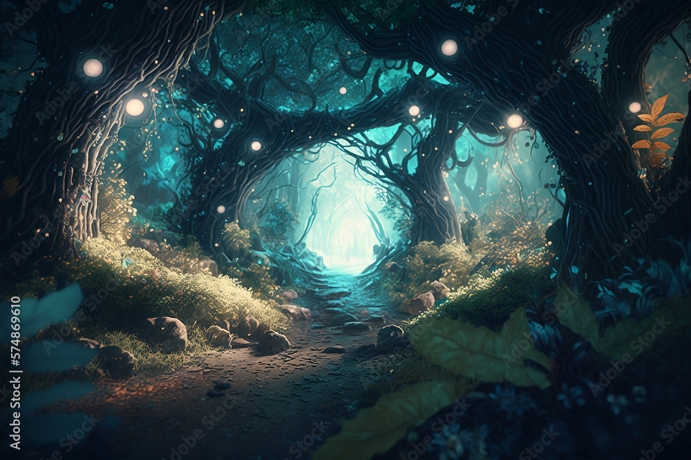 Dreamland, fantasy enchanted forest with many fireflies glowing. Fairy tale concept. Post ...