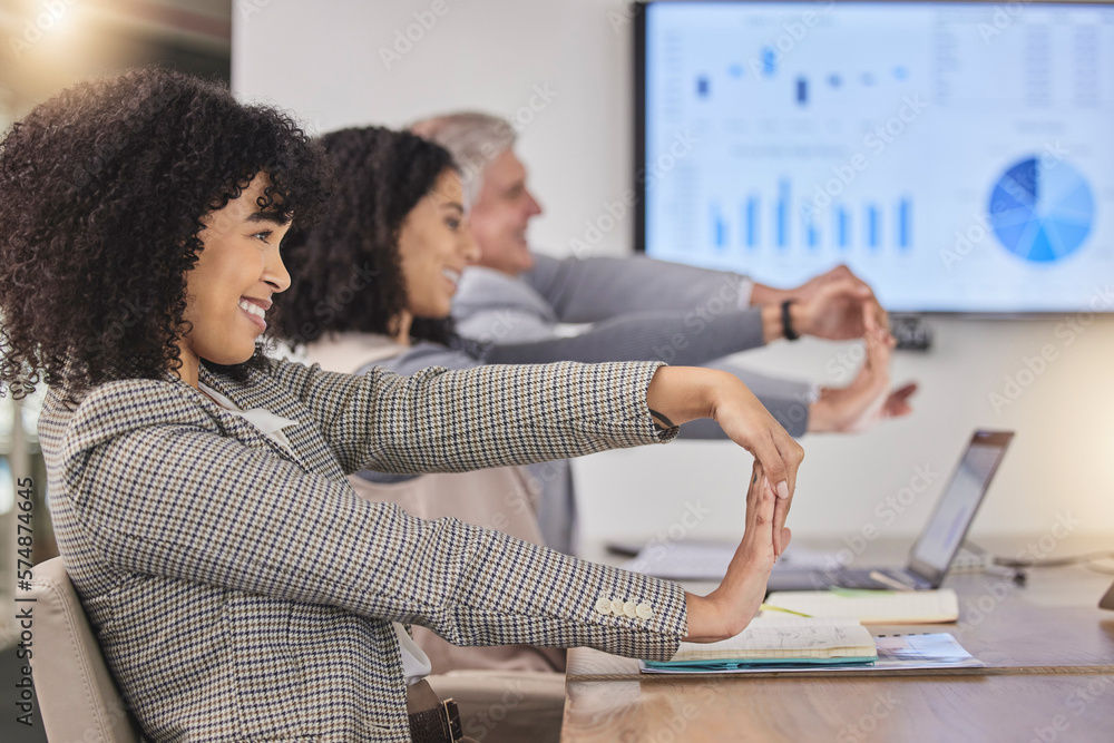 Business people, desk and stretching arms at meeting for finance ...