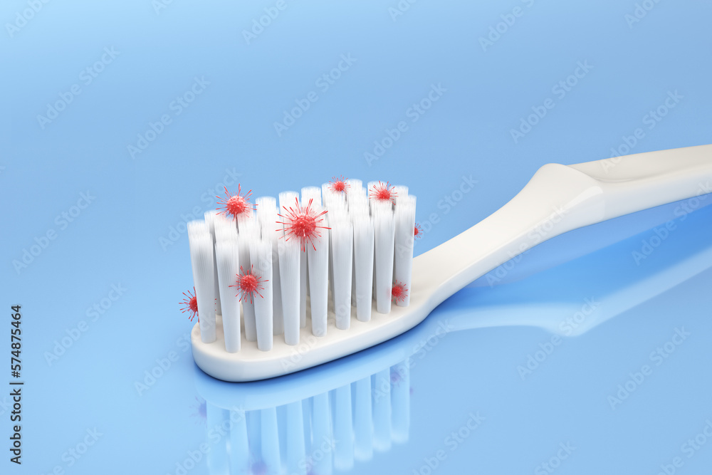 White toothbrush. Microscopic view Uncleaned toothbrush bristles ...