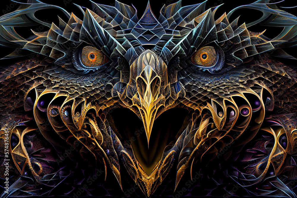 trippy 3d psychedelic illustration of a bird of prey with sacred ...