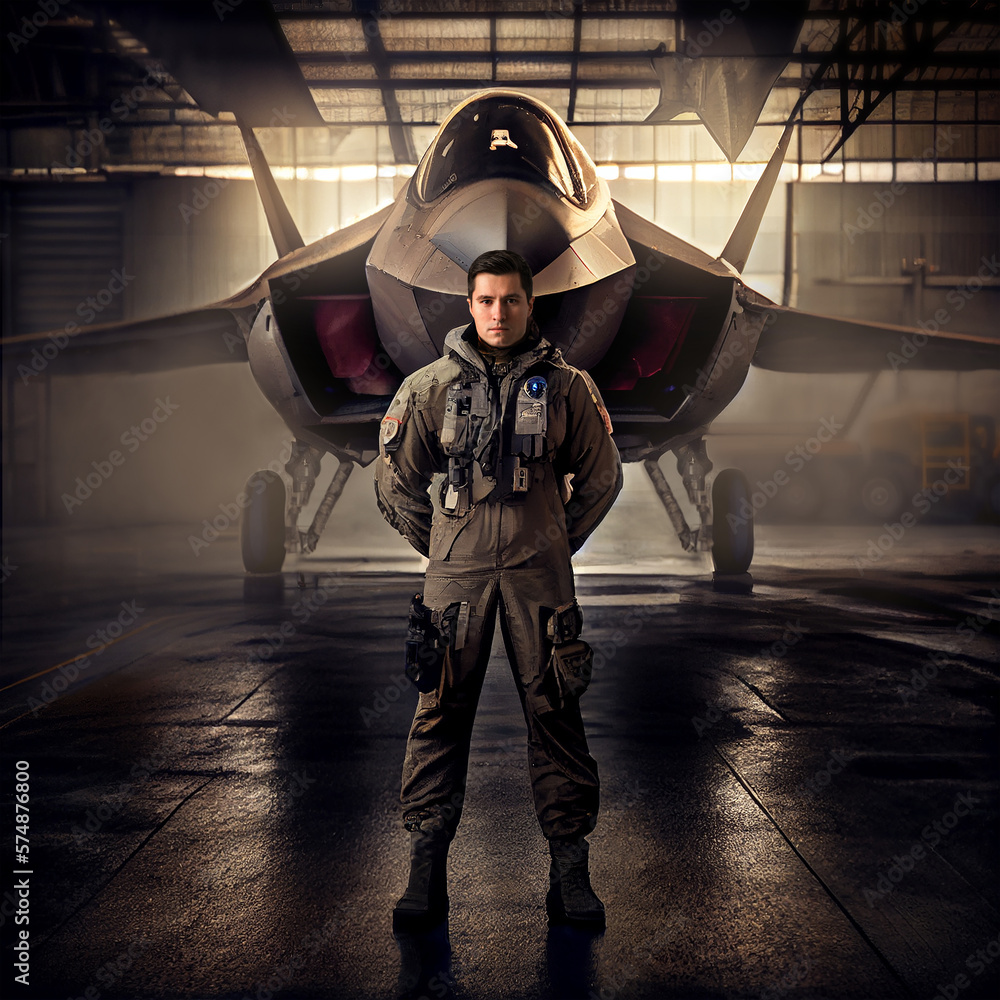 Portrait of air force military pilot with fighter jet plane Stock ...