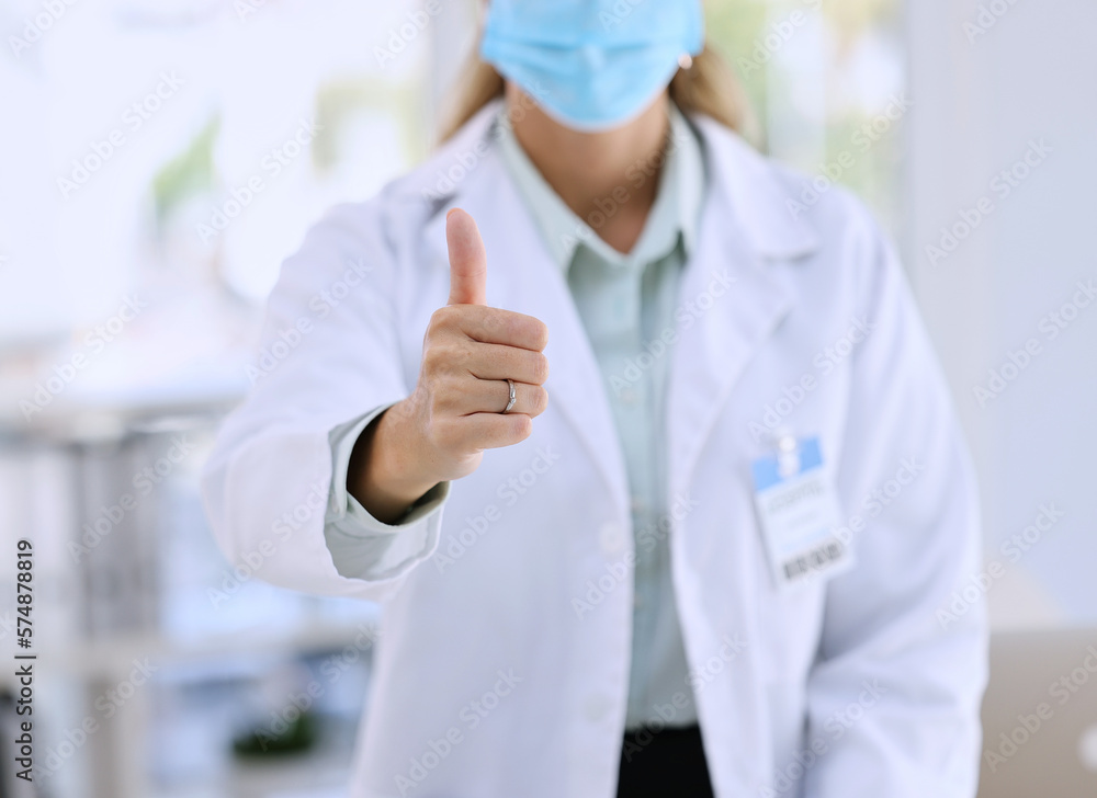 Woman, doctor and hands in thumbs up for good job, success or winning ...