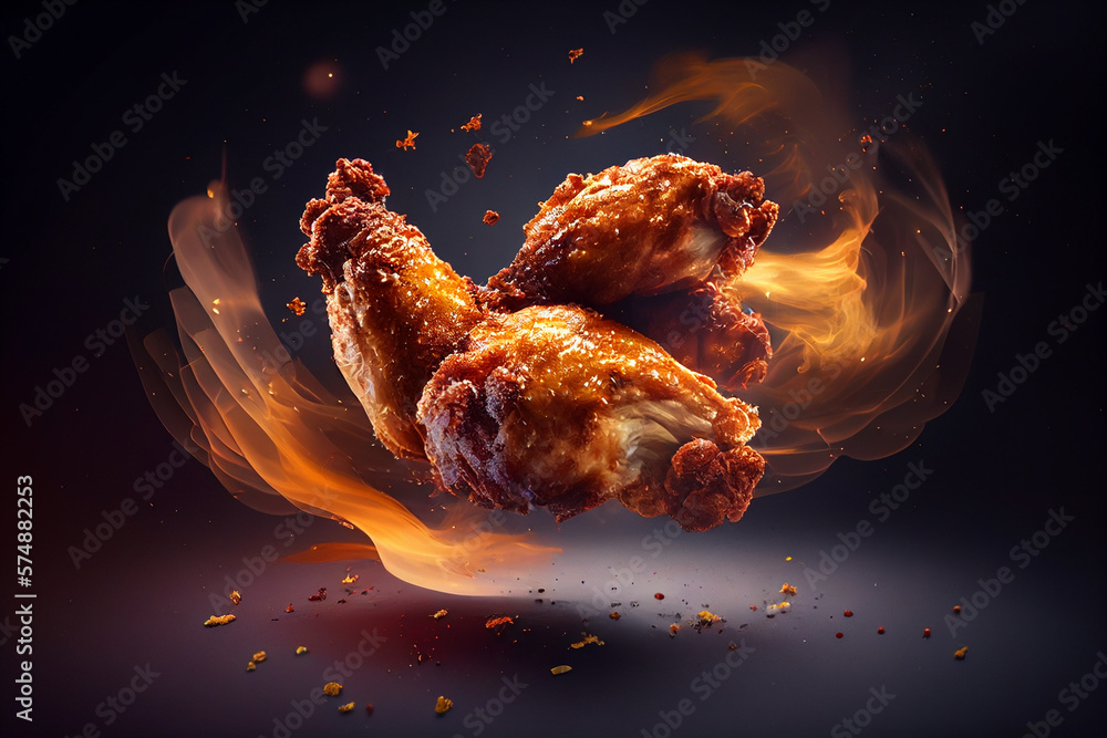 Fried chicken wings Hot and spicy falling in the air steam smoke and ...