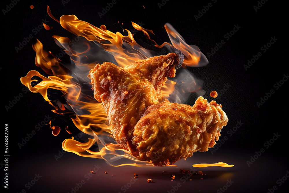Fried chicken wings Hot and spicy falling in the air steam smoke and ...