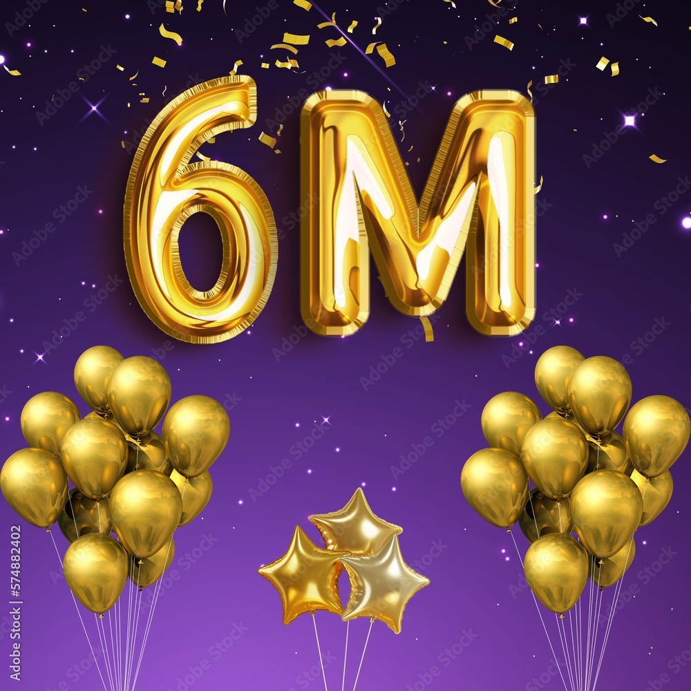 ภาพประกอบสต็อก Golden 6M sign on violet background with sparkling ...