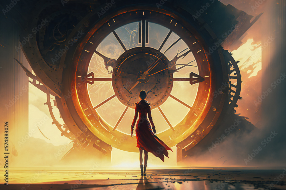 Young woman standing in front of a giant clock. Time machine, time ...