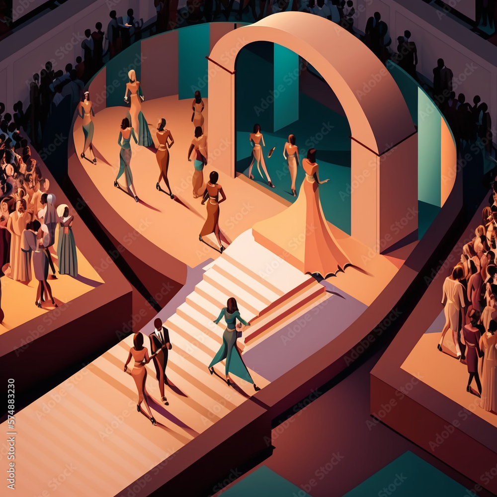 isometric illustration of a fashion runway show, with models walking ...