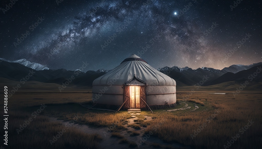 Traditional mongolian yurt on the fields at night with the milky way ...