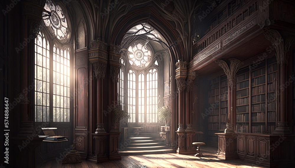 Gothic style great hall library room with big pillars, rosace and books ...