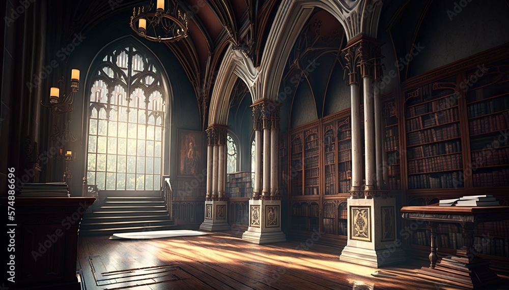 Gothic style great hall library room with big pillars, rosace and books ...