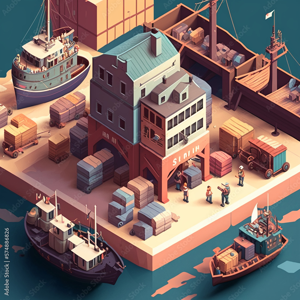 Design an isometric illustration of a bustling port city, with ships ...