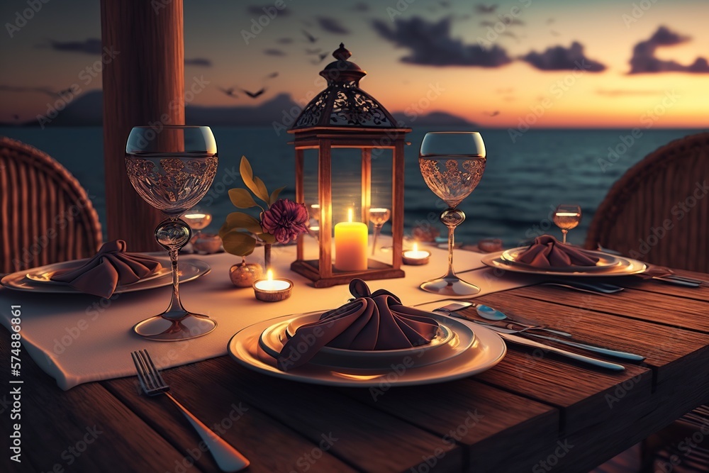 Romantic dinner table on the beach. Ai art Stock Illustration | Adobe Stock