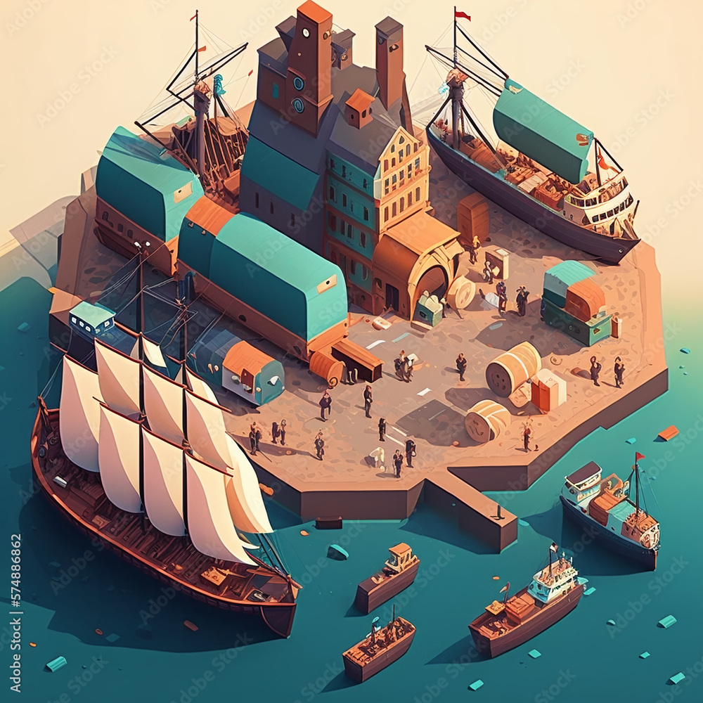 Design an isometric illustration of a bustling port city, with ships ...