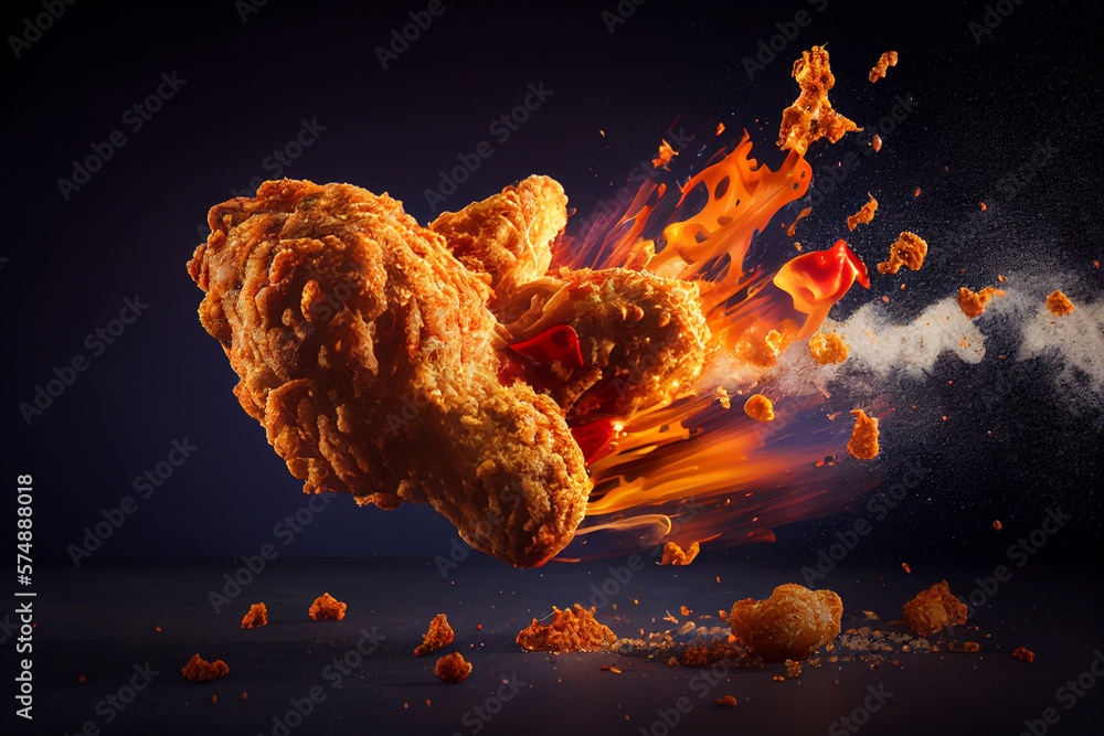 Fried chicken wings Hot and spicy falling in the air steam smoke and ...