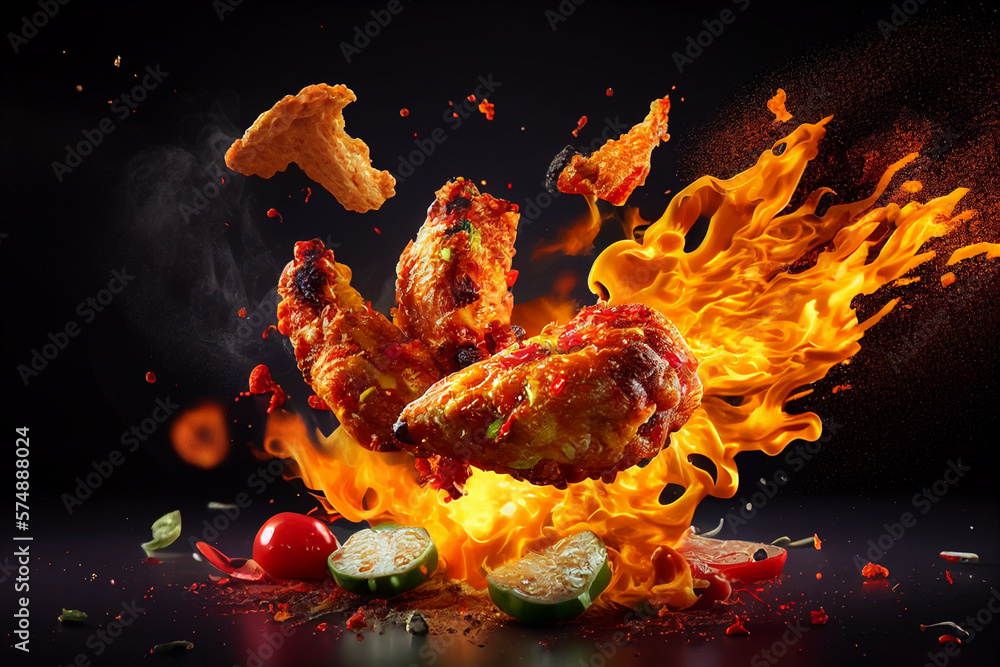 Fried chicken wings Hot and spicy falling in the air steam smoke and ...