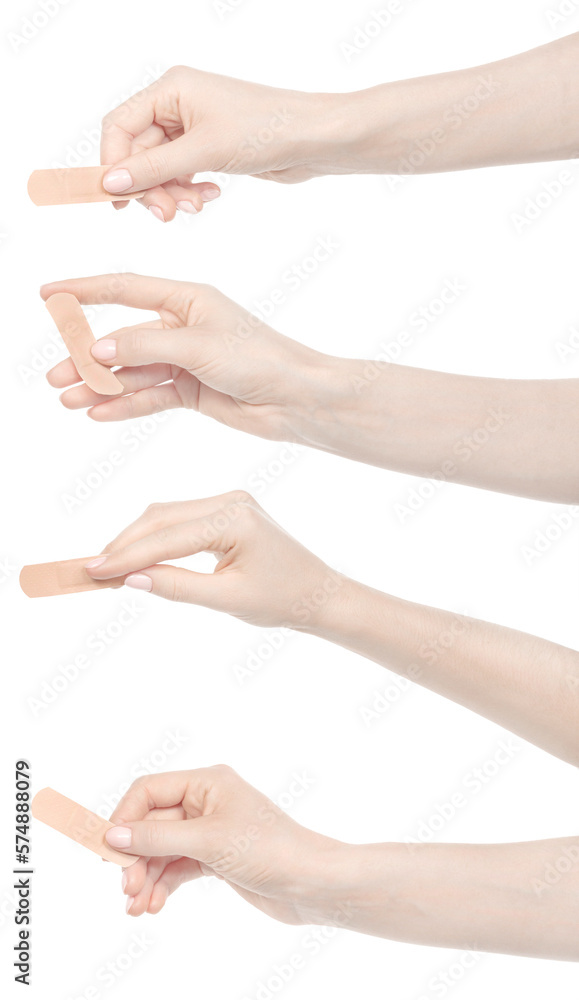 Collage female caucasian hands sticking medical adhesive wound plaster ...
