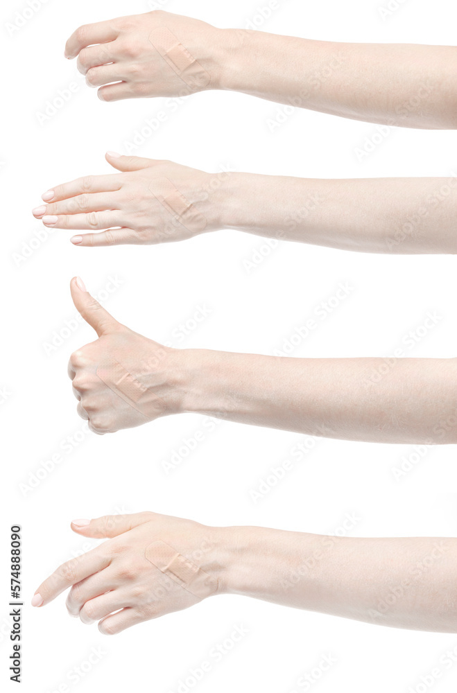 Collage female caucasian hands sticking medical adhesive wound plaster ...