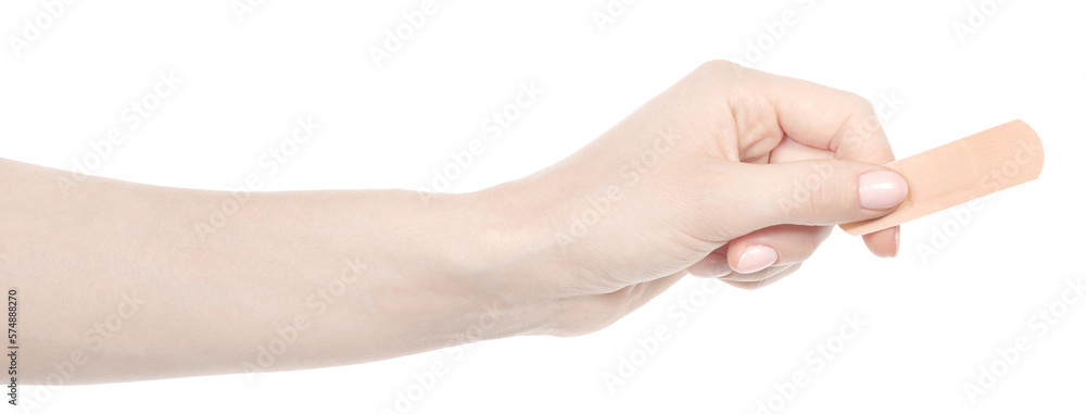 Female caucasian hands sticking medical adhesive wound plaster isolated ...