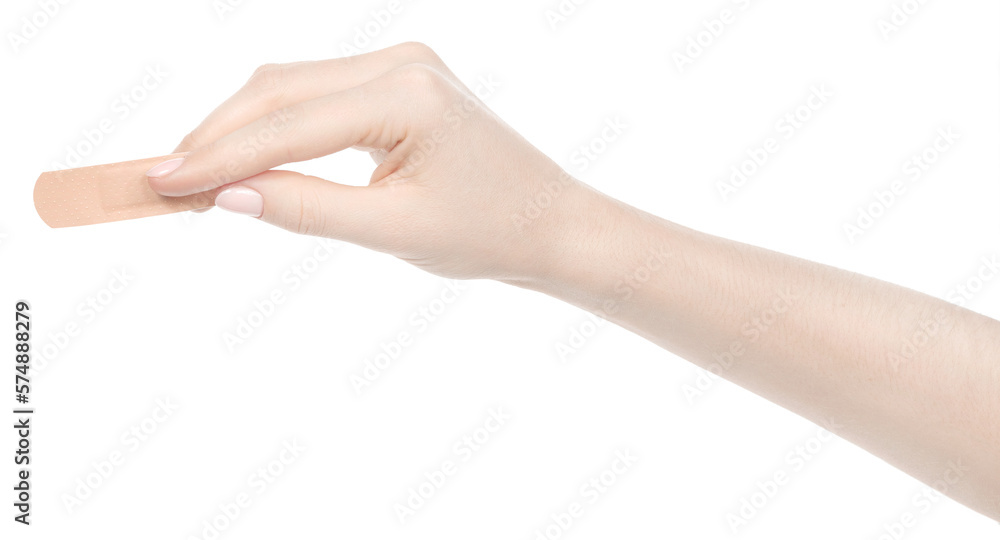 Female caucasian hands sticking medical adhesive wound plaster isolated ...