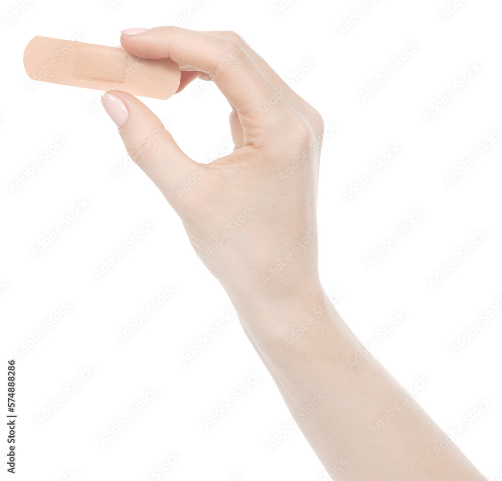 Female caucasian hands sticking medical adhesive wound plaster isolated ...