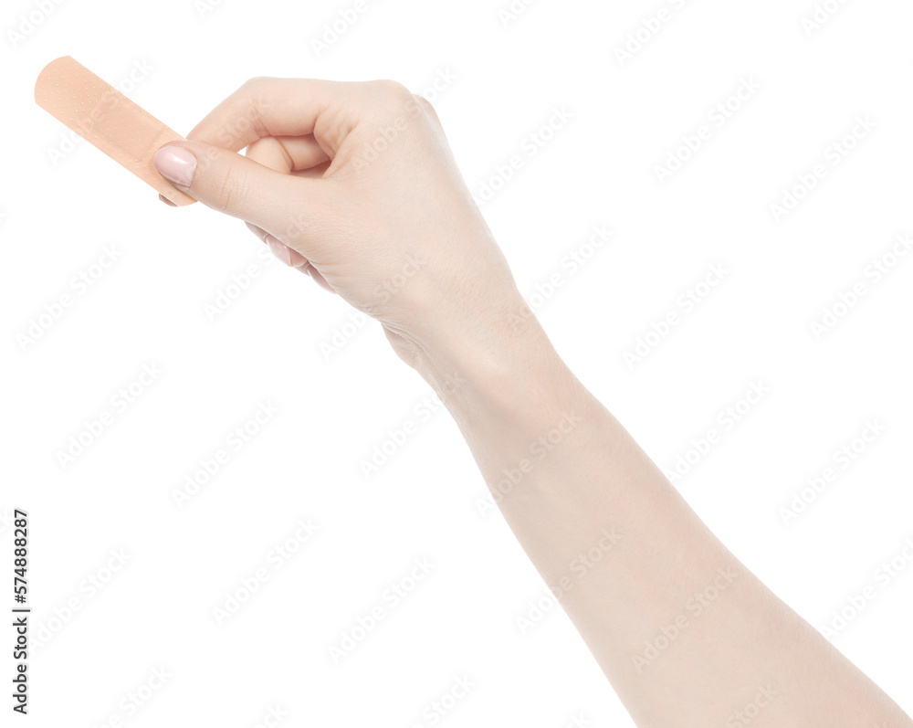 Female caucasian hands sticking medical adhesive wound plaster isolated ...