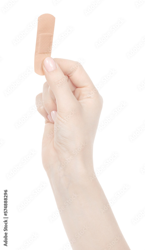 Female caucasian hands sticking medical adhesive wound plaster isolated ...