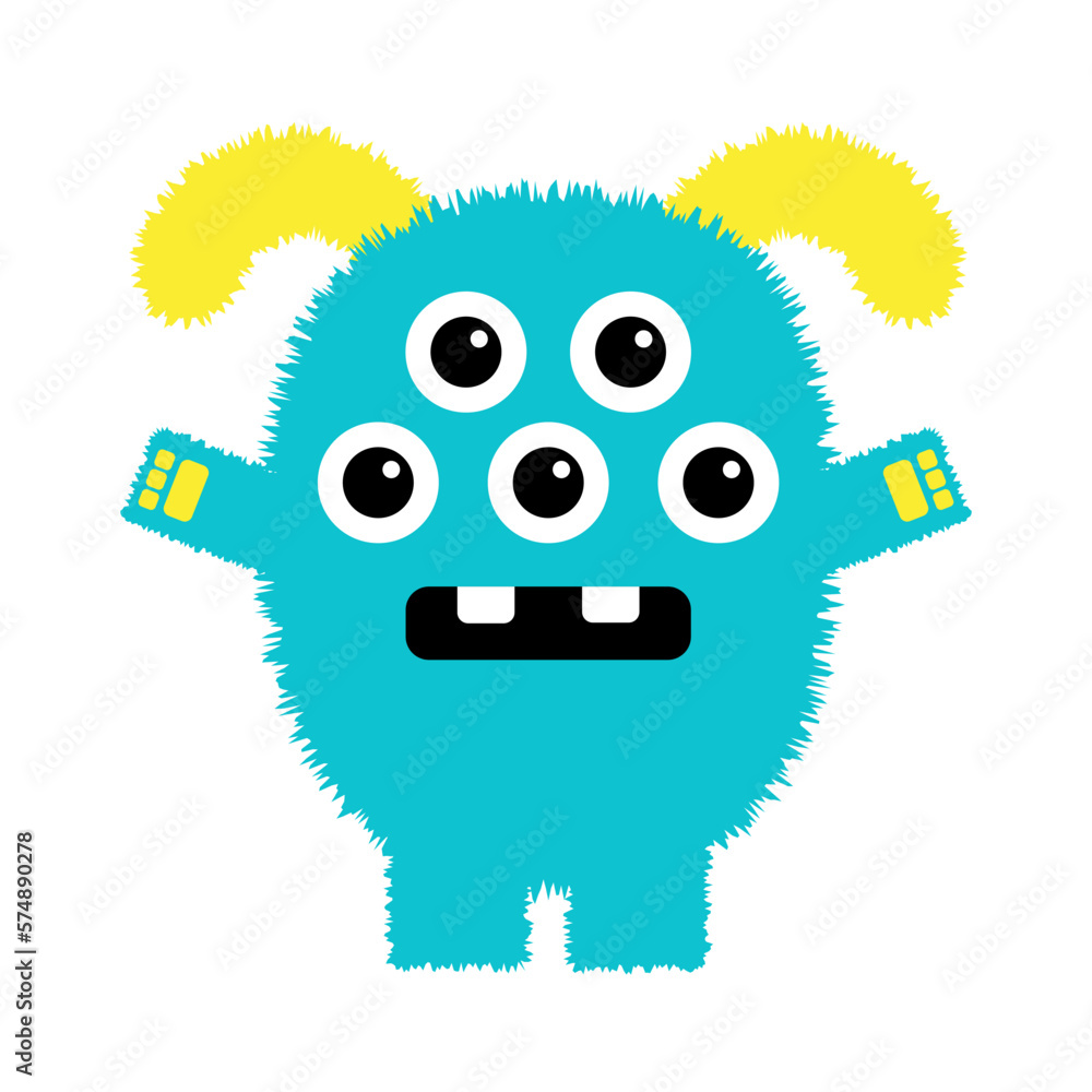 Fluffy monster standing. Happy Halloween. Funny face head. Eyes, fang ...