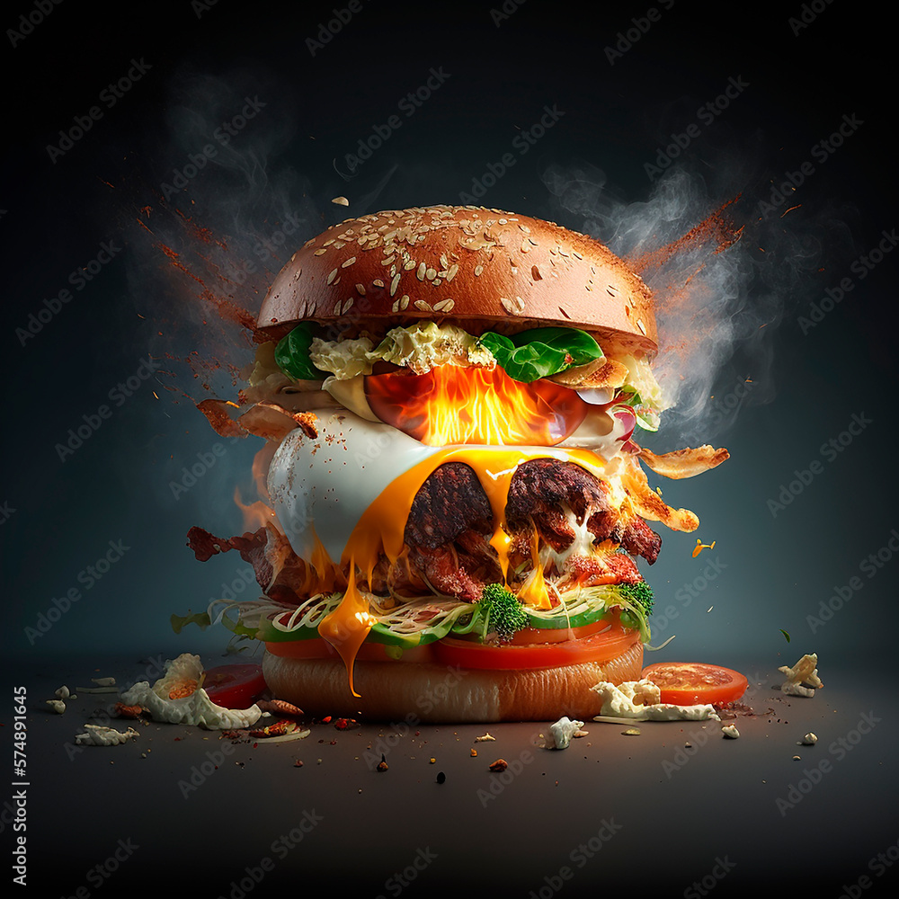generative ai illustration of big, greasy exploding burger with ...