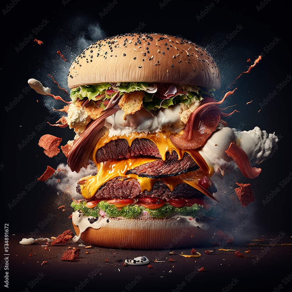 generative ai illustration of big, greasy exploding burger with ...