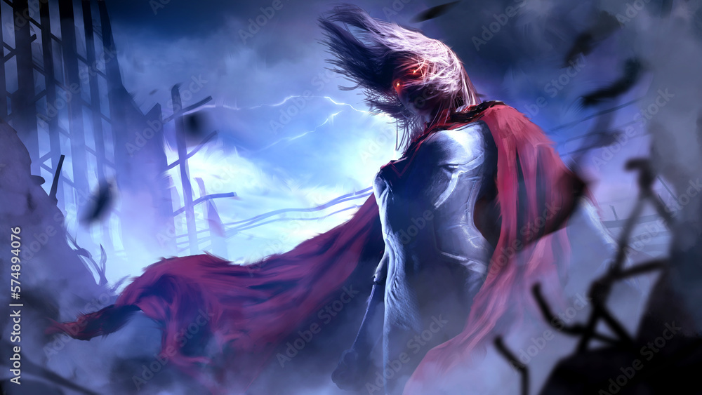 sinister superhero girl stands dramatically among the ruins of a city ...