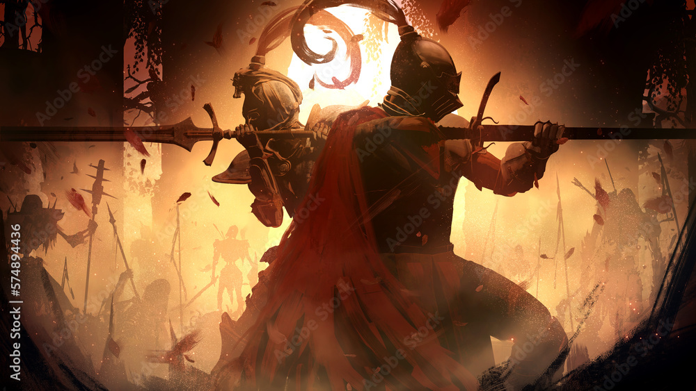 Two knight companions in thick shiny armor, plumed helmets, a man and ...