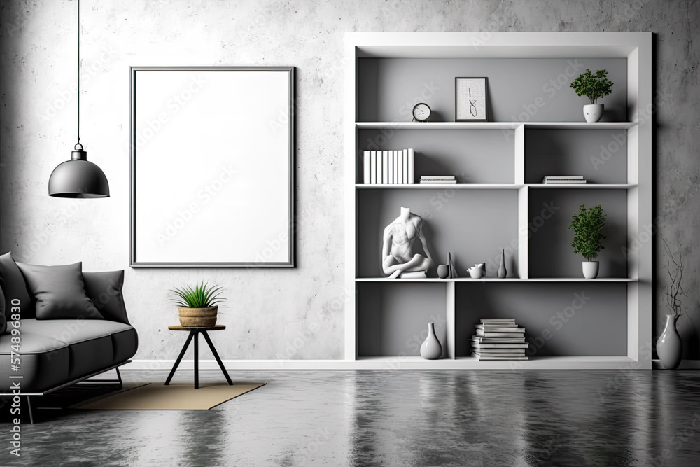 Interior is sparse, with a freestanding shelf and an empty frame on the ...