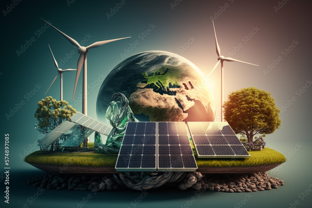 renewable energy background with green energy as wind turbines and ...