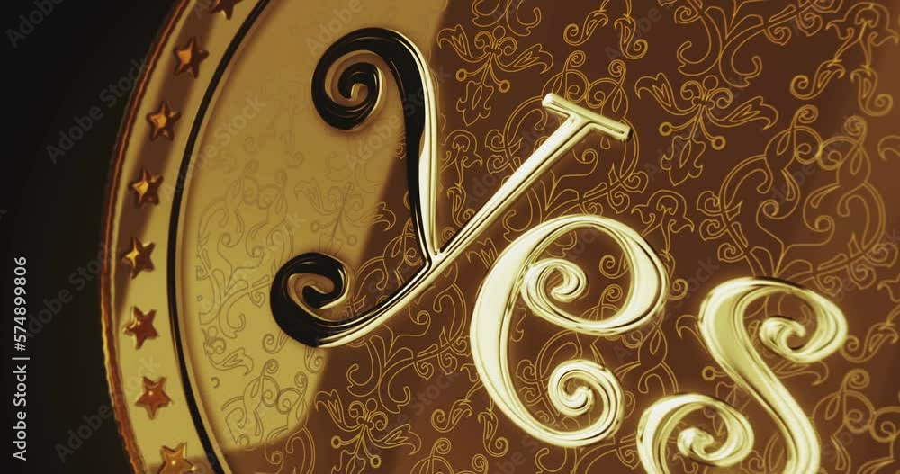 Yes or No random choice golden coin turning. Camera rotates around the ...