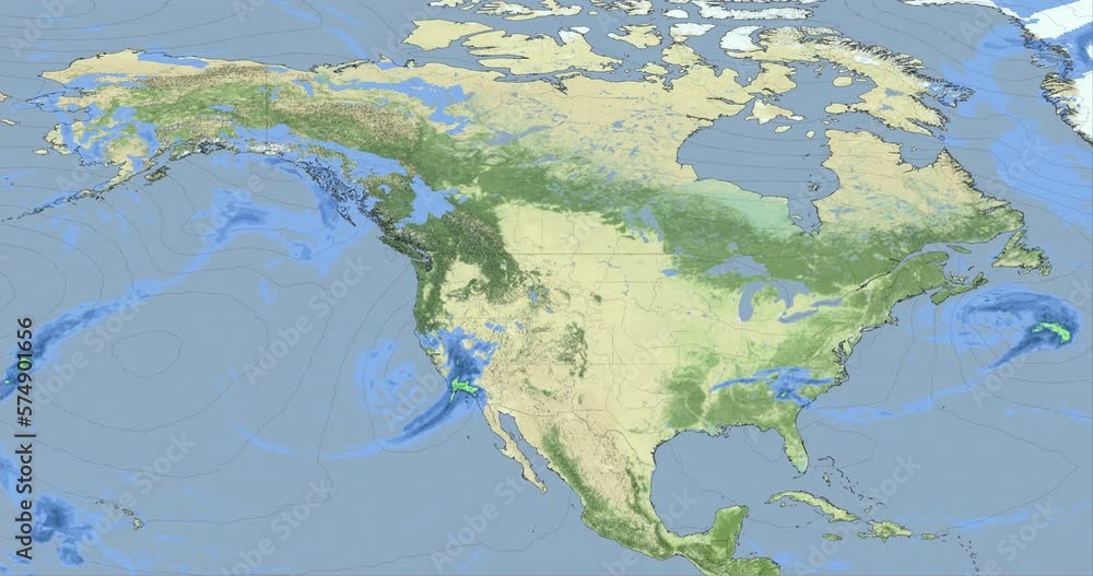 Meteorological map displays precipitation and atmospheric pressure ...