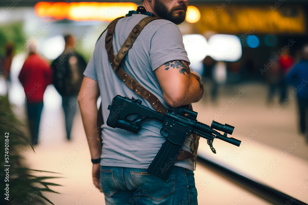 Man with a machine gun firearm in a shopping mall with many people ...
